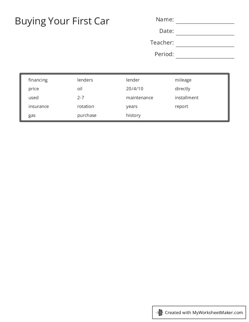 Buying Your First Car - My Worksheet Maker: Create Your Own Worksheets