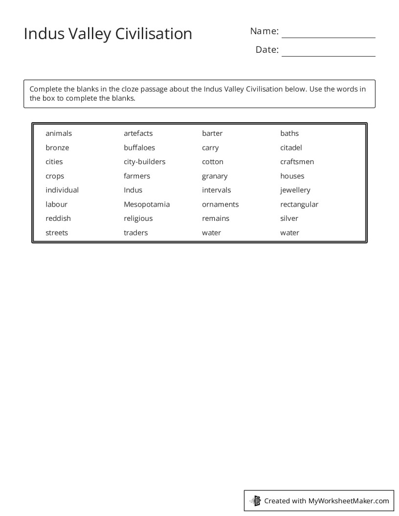 Indus Valley Civilisation - My Worksheet Maker: Create Your Own Worksheets