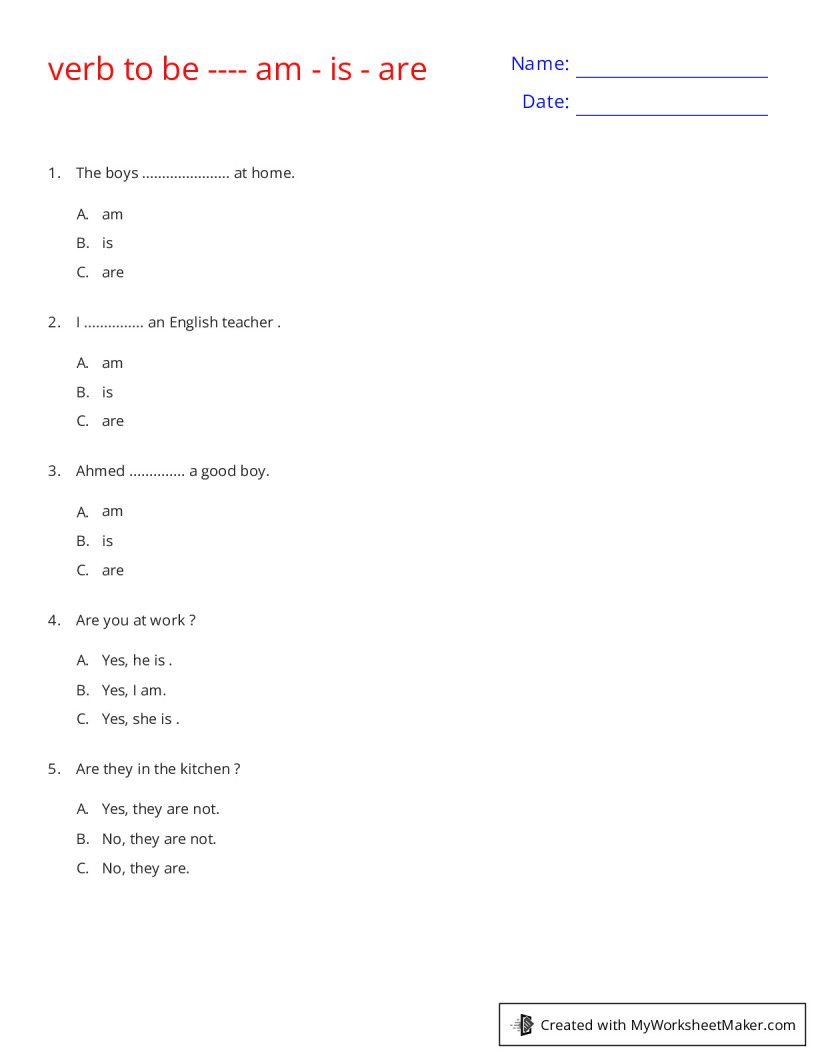 verb to be ---- am - is - are - My Worksheet Maker: Create Your Own ...