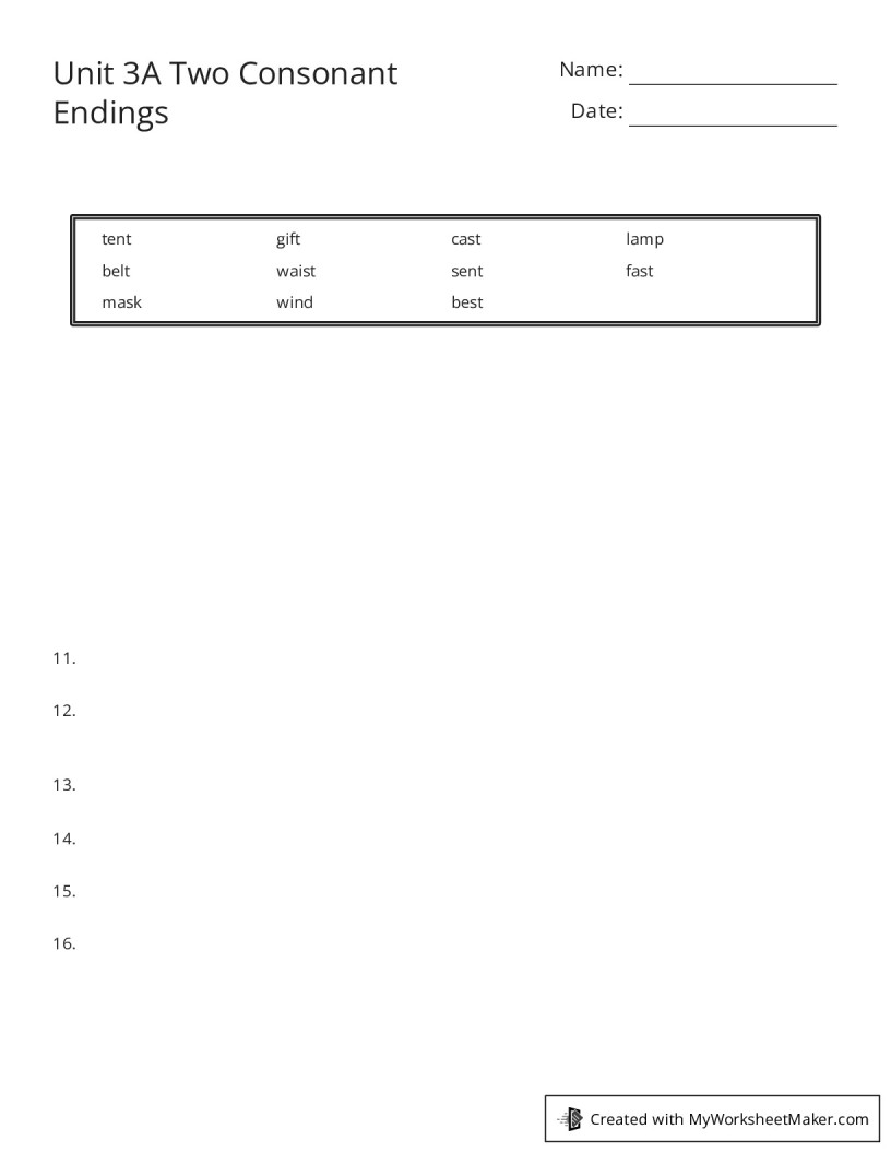 Unit 3A Two Consonant Endings - My Worksheet Maker: Create Your Own ...