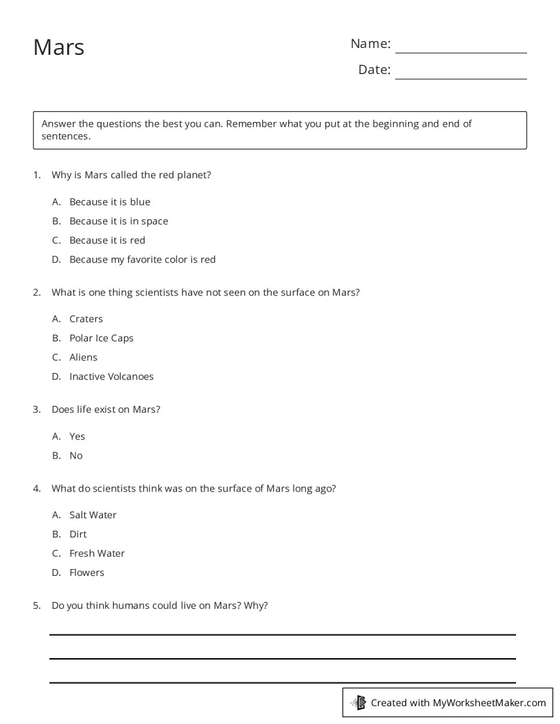 Mars - My Worksheet Maker: Create Your Own Worksheets