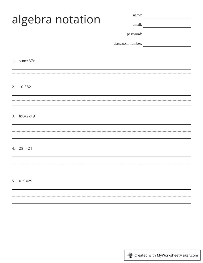 algebra notation - My Worksheet Maker: Create Your Own Worksheets