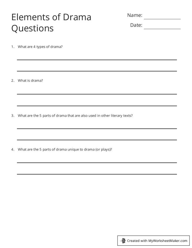 Elements of Drama Questions - My Worksheet Maker: Create Your Own ...