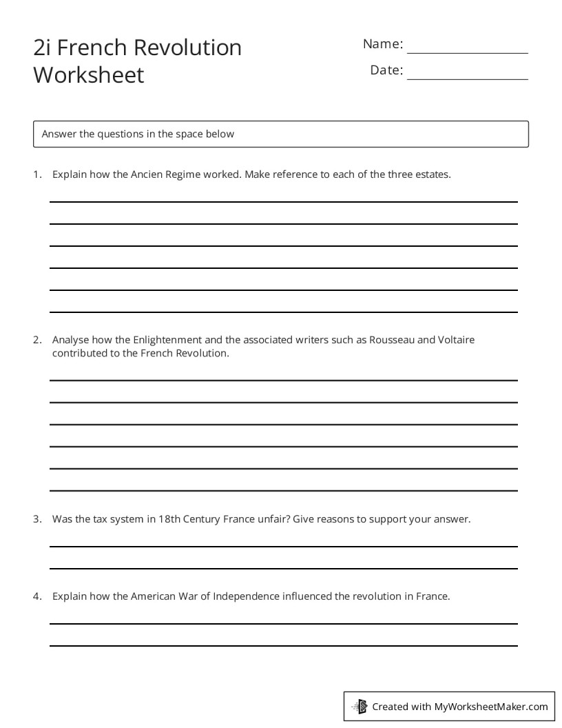2i French Revolution Worksheet - My Worksheet Maker: Create Your Own ...