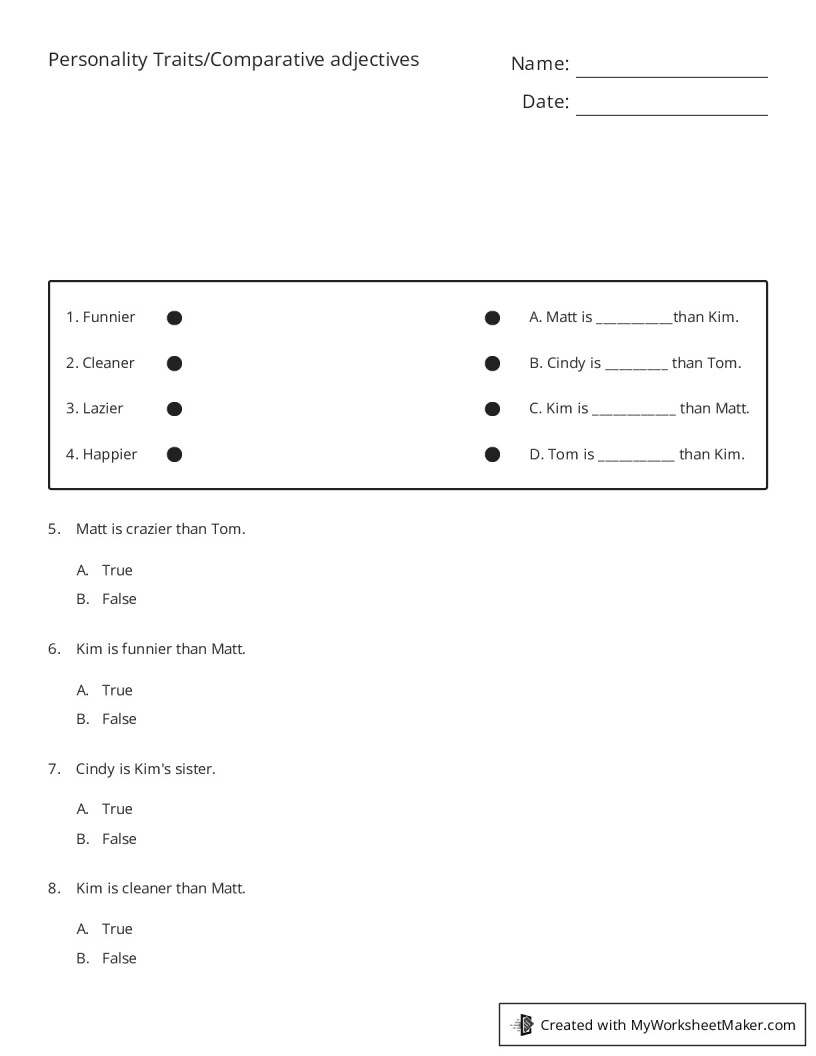 Personality Traits/Comparative adjectives - My Worksheet Maker: Create ...