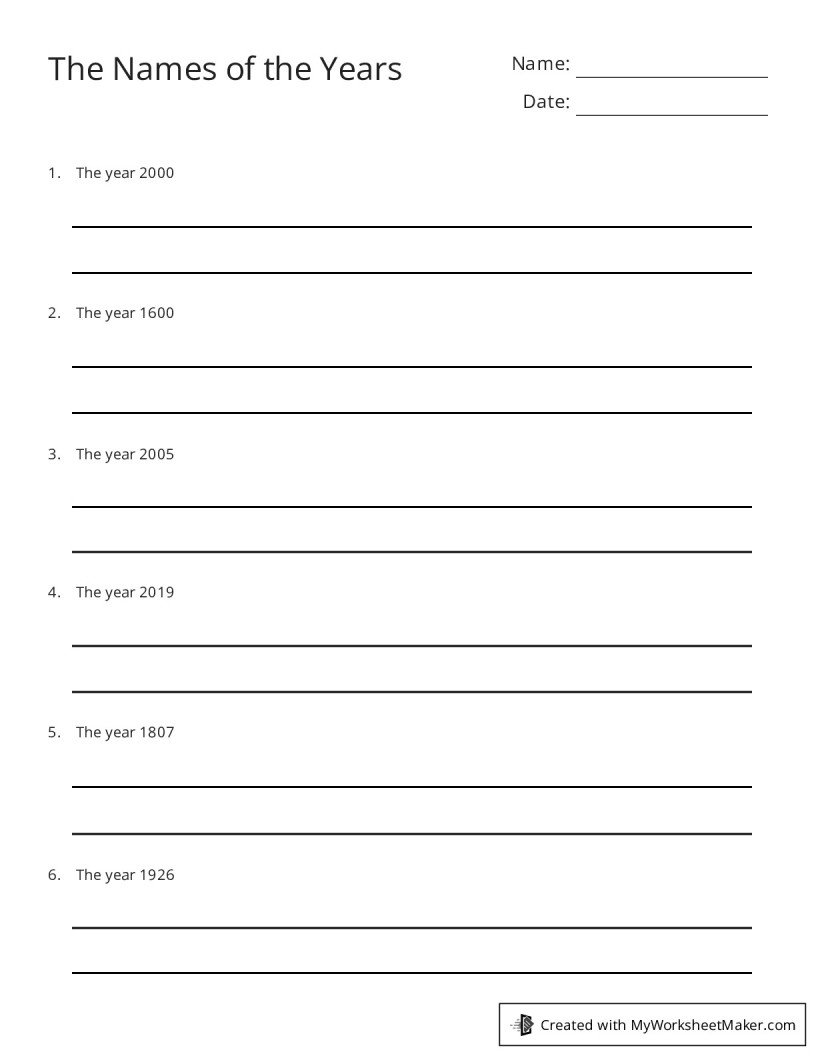 The Names of the Years - My Worksheet Maker: Create Your Own Worksheets