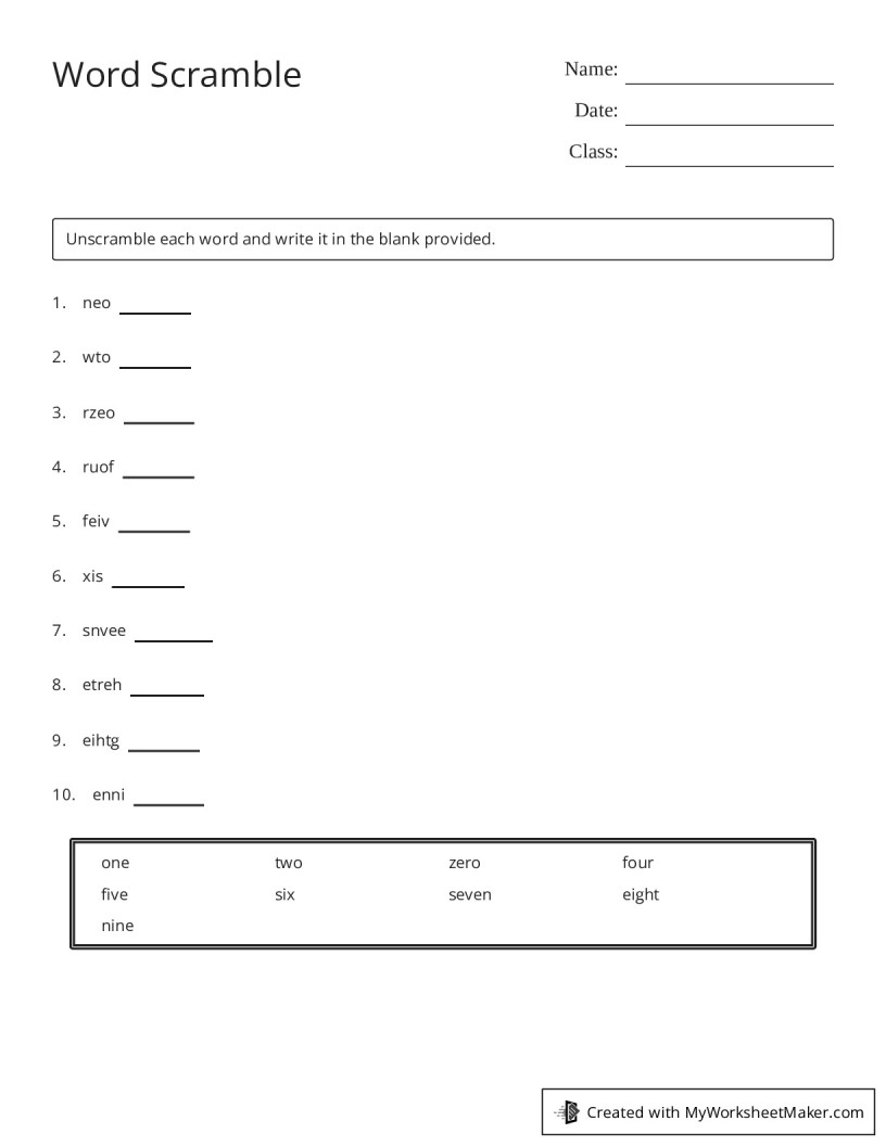 Word Scramble - My Worksheet Maker: Create Your Own Worksheets