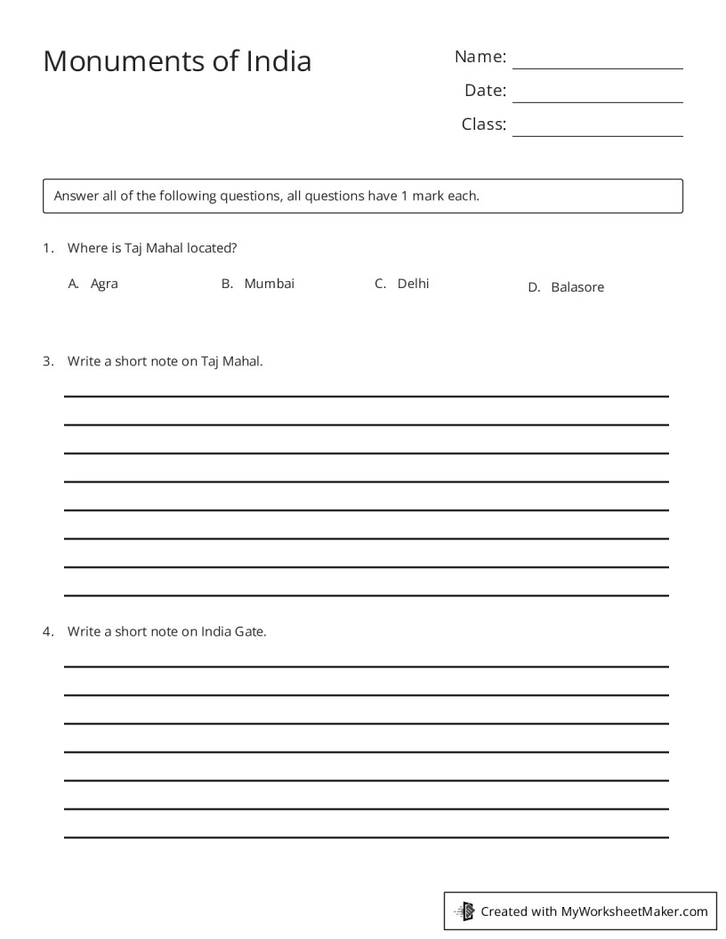 Monuments of India - My Worksheet Maker: Create Your Own Worksheets