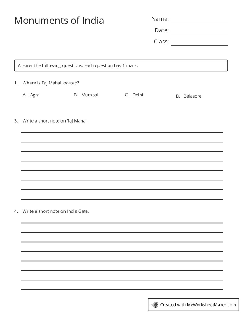 Monuments of India - My Worksheet Maker: Create Your Own Worksheets