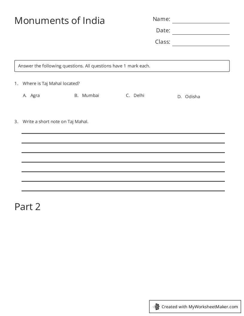 Monuments of India - My Worksheet Maker: Create Your Own Worksheets