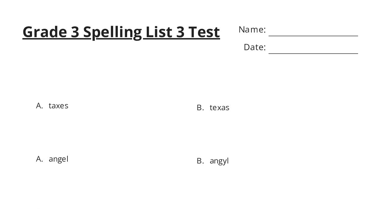 Grade 3 Spelling List 3 Test - My Worksheet Maker: Create Your Own ...