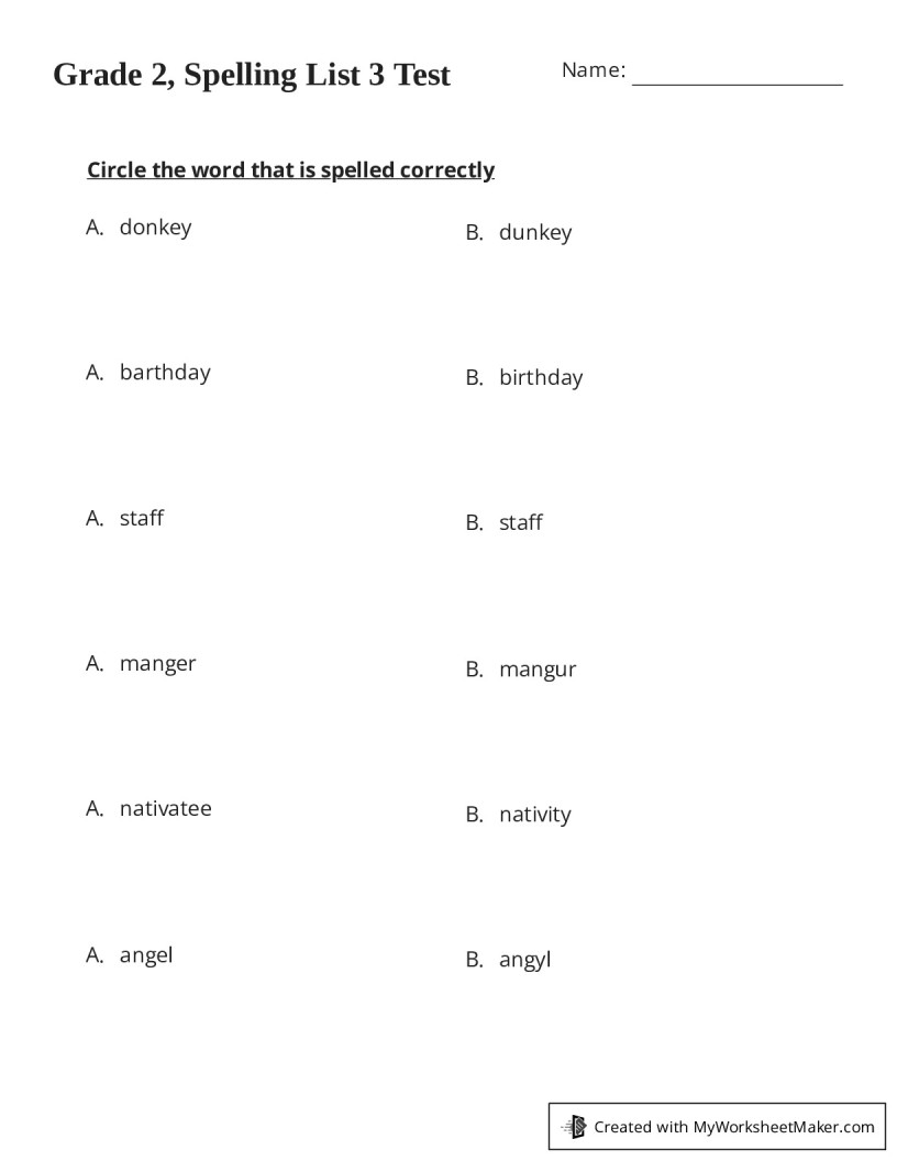 Grade 2, Spelling List 3 Test - My Worksheet Maker: Create Your Own ...
