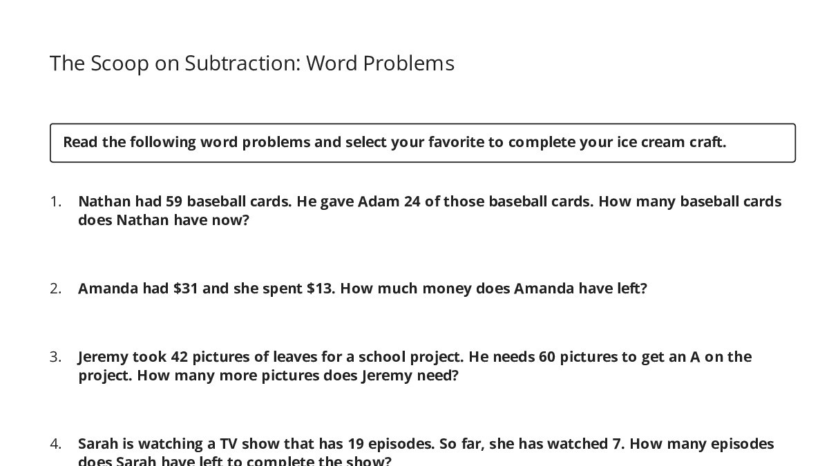 The Scoop on Subtraction: Word Problems - My Worksheet Maker: Create ...
