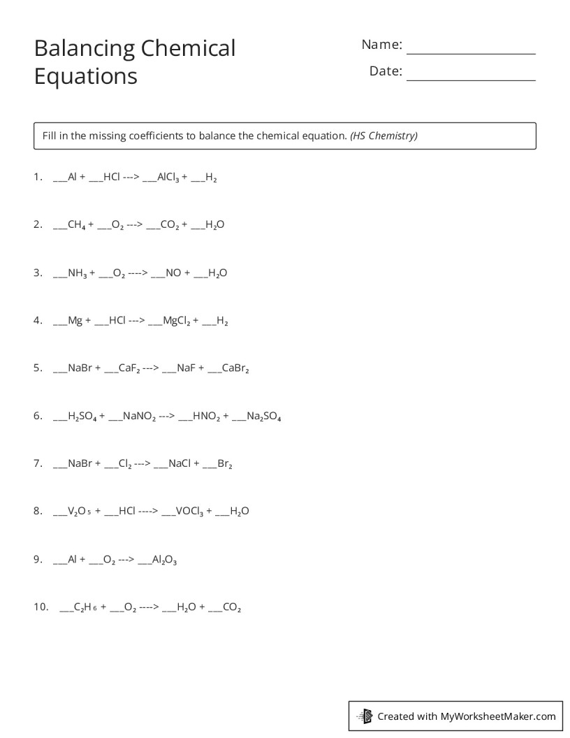 Chemical Equation Worksheet Answer Key Balancing Chemical Equations
