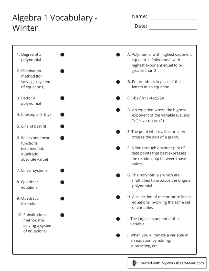Algebra 1 Vocabulary - Winter - My Worksheet Maker: Create Your Own ...