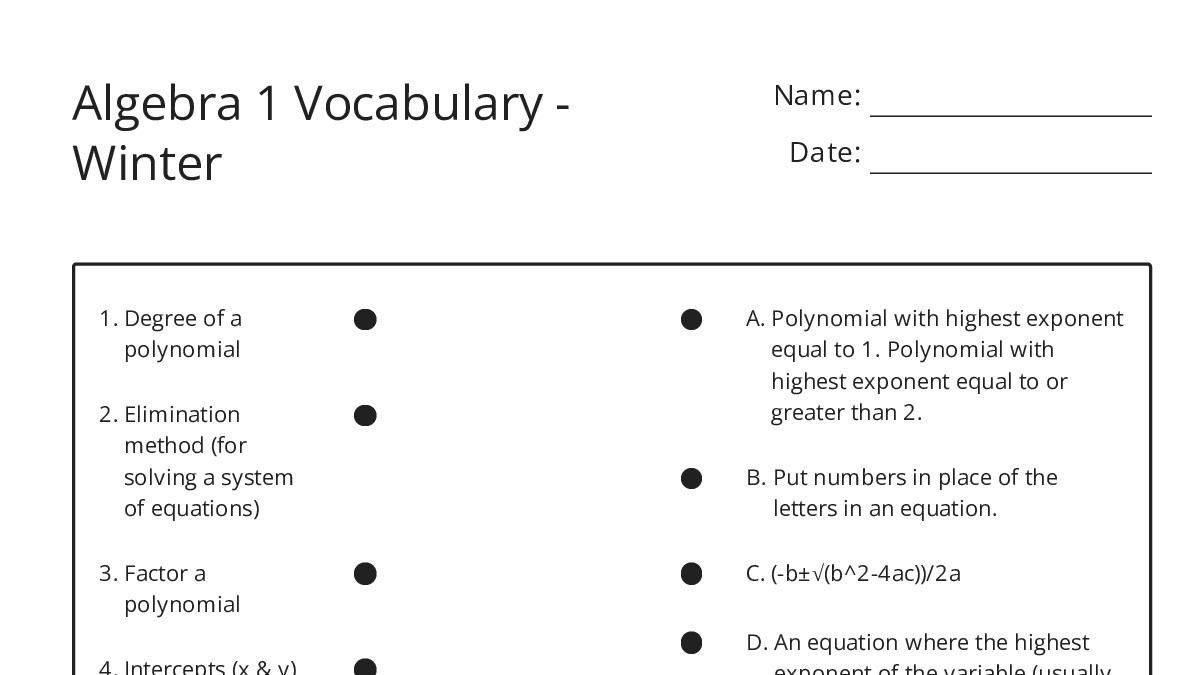 Algebra 1 Vocabulary - Winter - My Worksheet Maker: Create Your Own ...