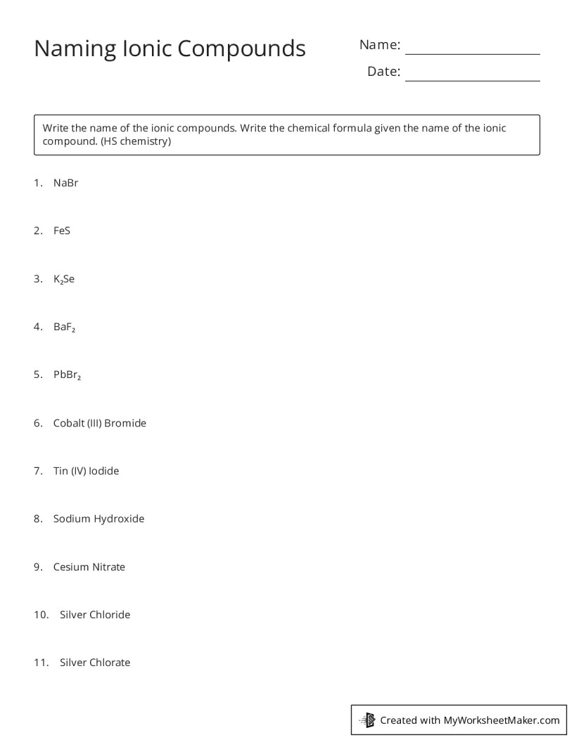 Ionic Compounds Worksheet
