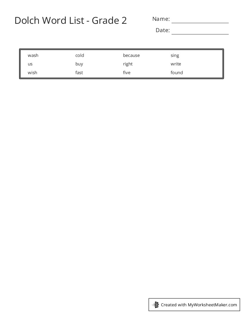 Dolch Word List - Grade 2 - My Worksheet Maker: Create Your Own Worksheets