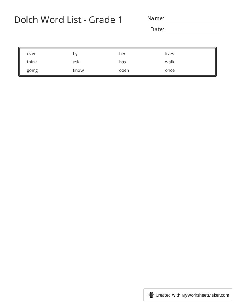 Dolch Word List - Grade 1 - My Worksheet Maker: Create Your Own Worksheets