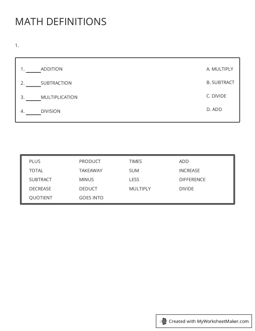 MATH DEFINITIONS - My Worksheet Maker: Create Your Own Worksheets