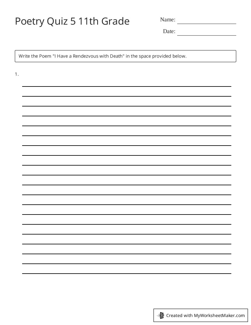 Poetry Quiz 5 11th Grade - My Worksheet Maker: Create Your Own Worksheets