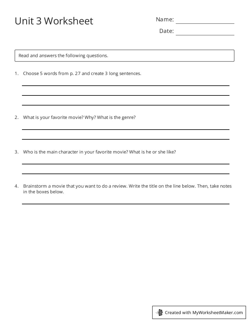 Unit 3 Worksheet - My Worksheet Maker: Create Your Own Worksheets
