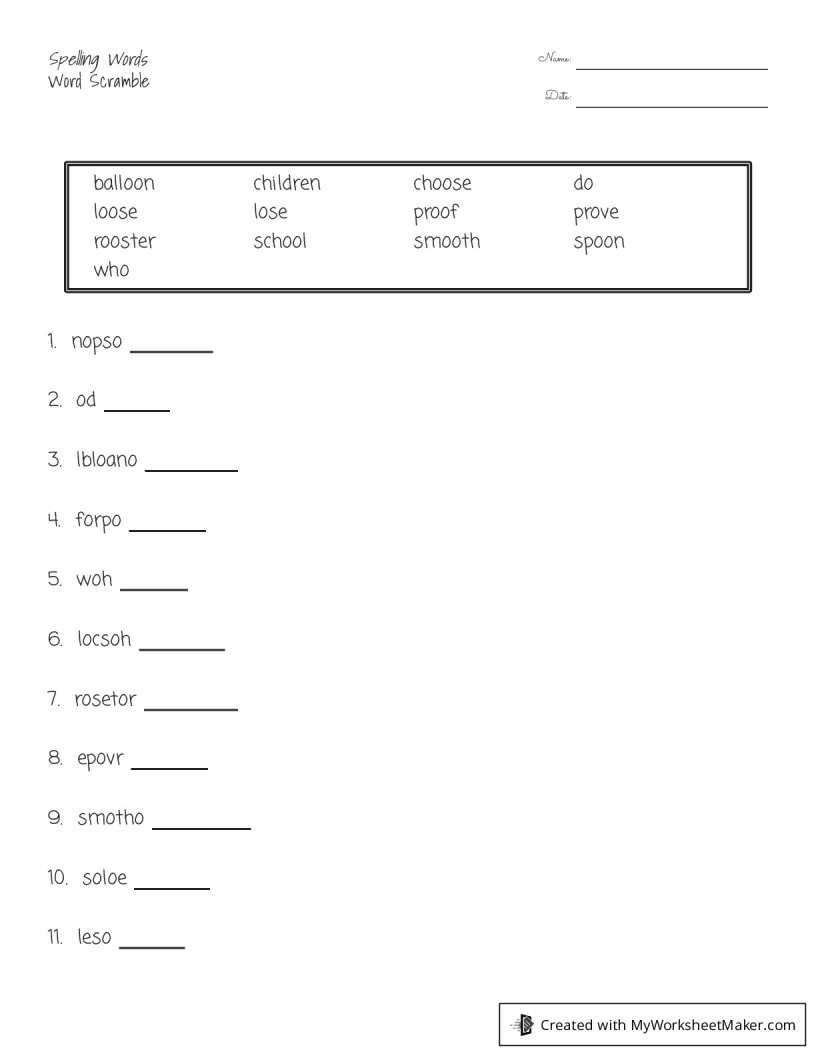 Spelling Words Word Scramble - My Worksheet Maker: Create Your Own ...