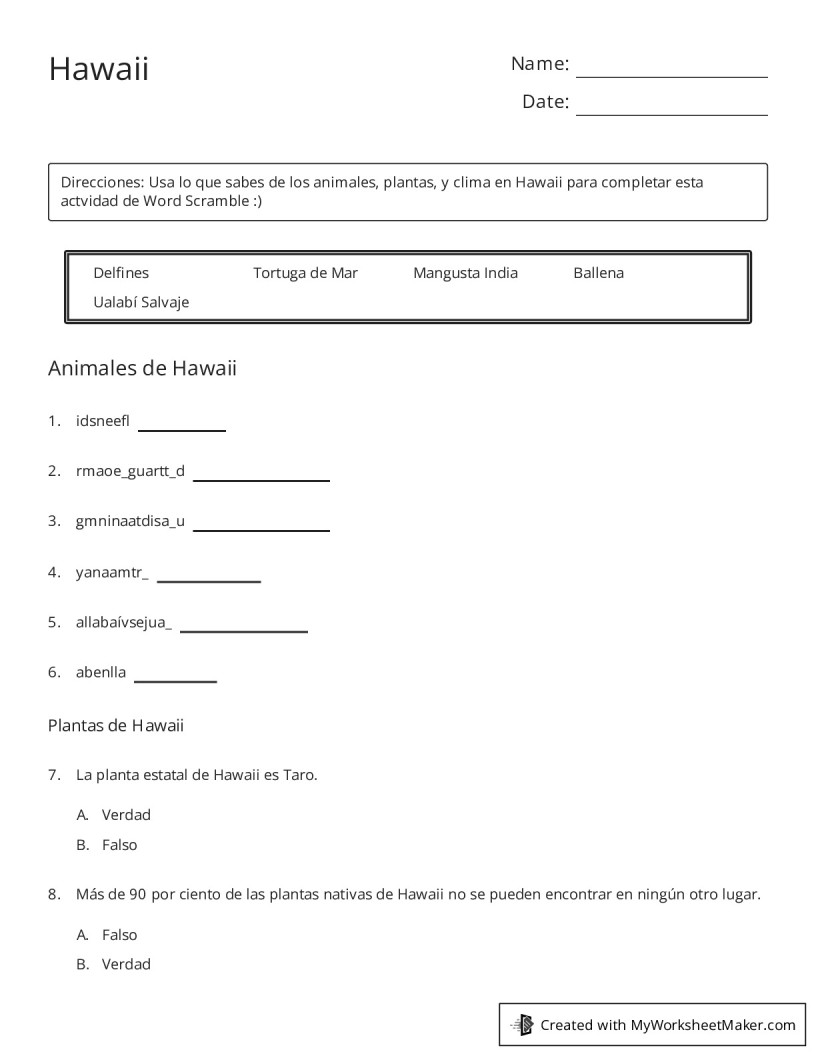 Hawaii - My Worksheet Maker: Create Your Own Worksheets