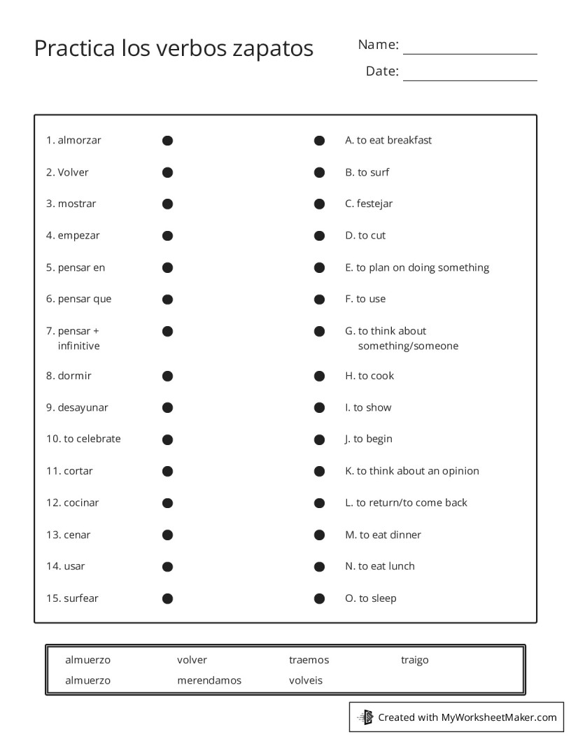 Practica los verbos zapatos - My Worksheet Maker: Create Your Own ...