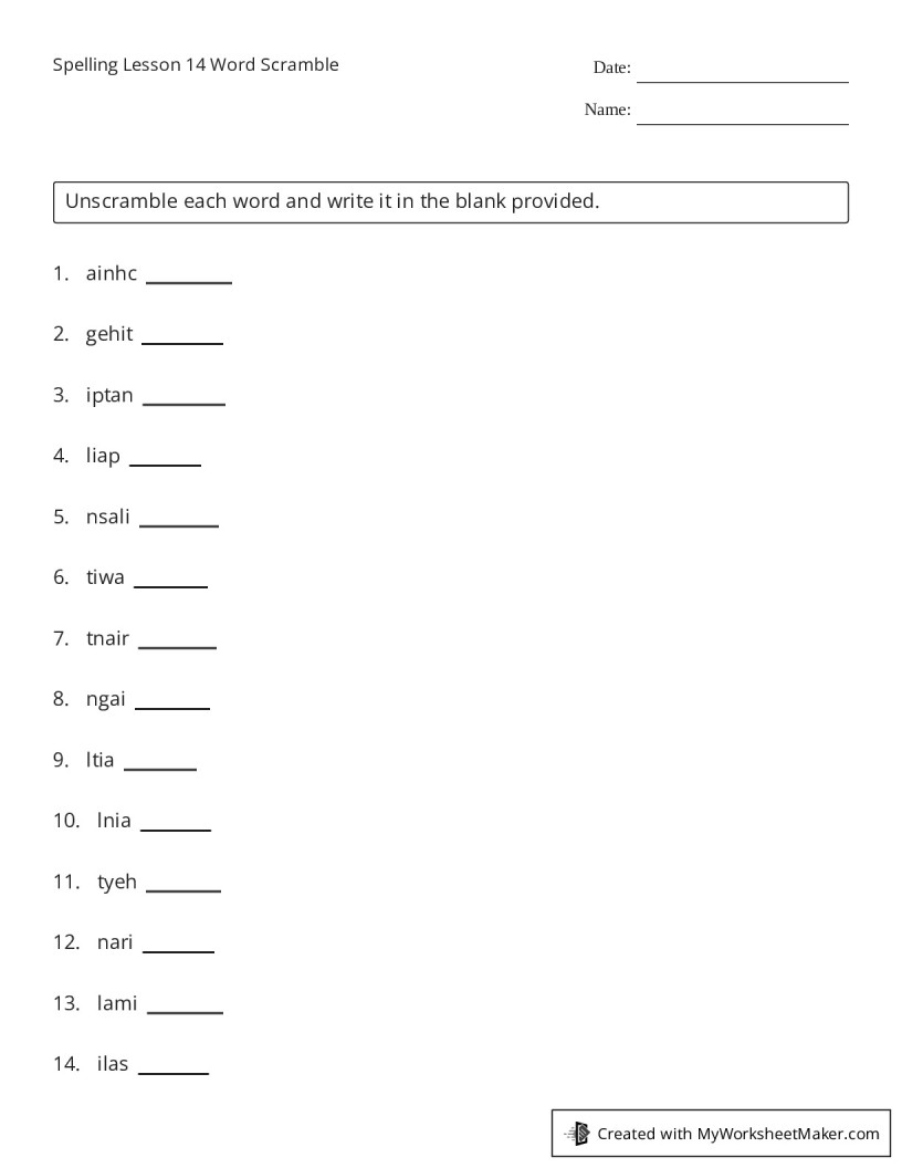 Spelling Lesson 14 Word Scramble - My Worksheet Maker: Create Your Own ...