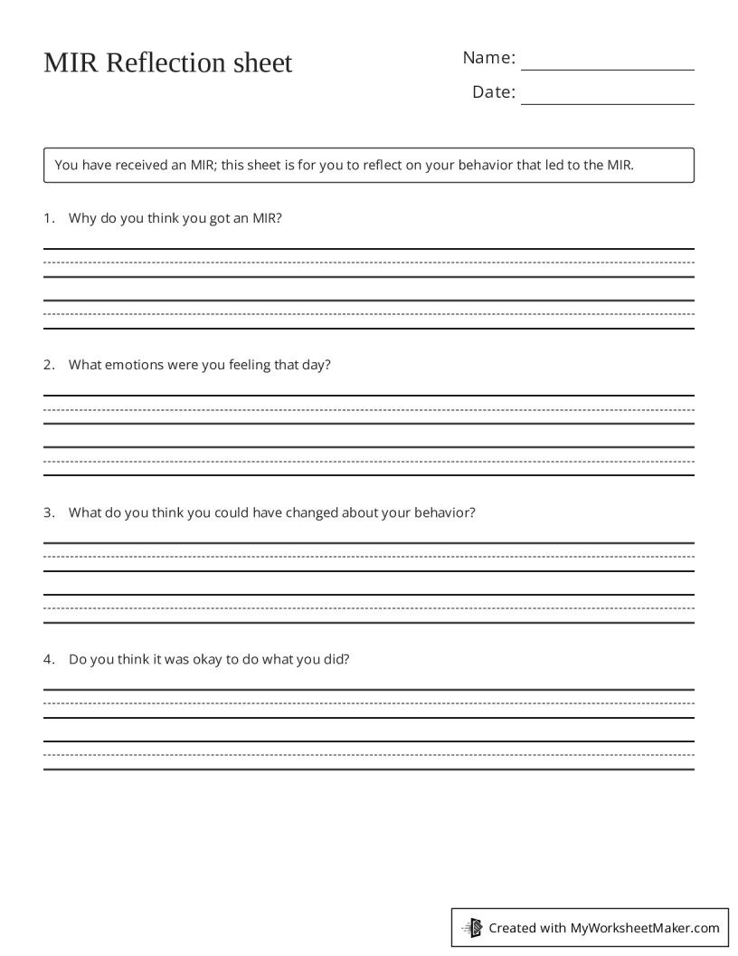 MIR Reflection sheet﻿﻿﻿﻿﻿ - My Worksheet Maker: Create Your Own Worksheets