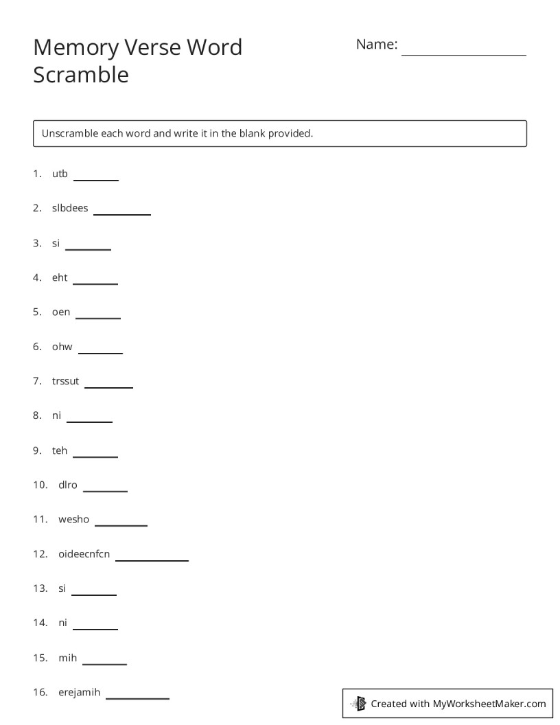 Memory Verse Word Scramble - My Worksheet Maker: Create Your Own Worksheets