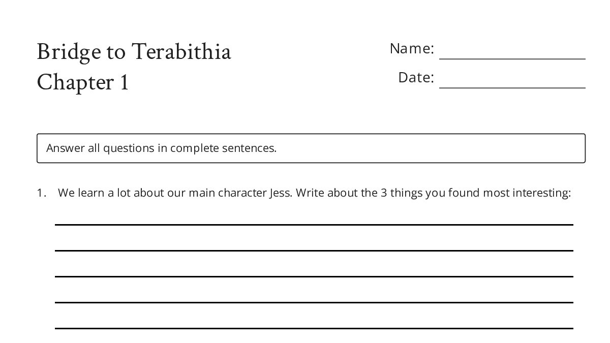 Bridge to Terabithia Chapter 1 - My Worksheet Maker: Create Your Own ...