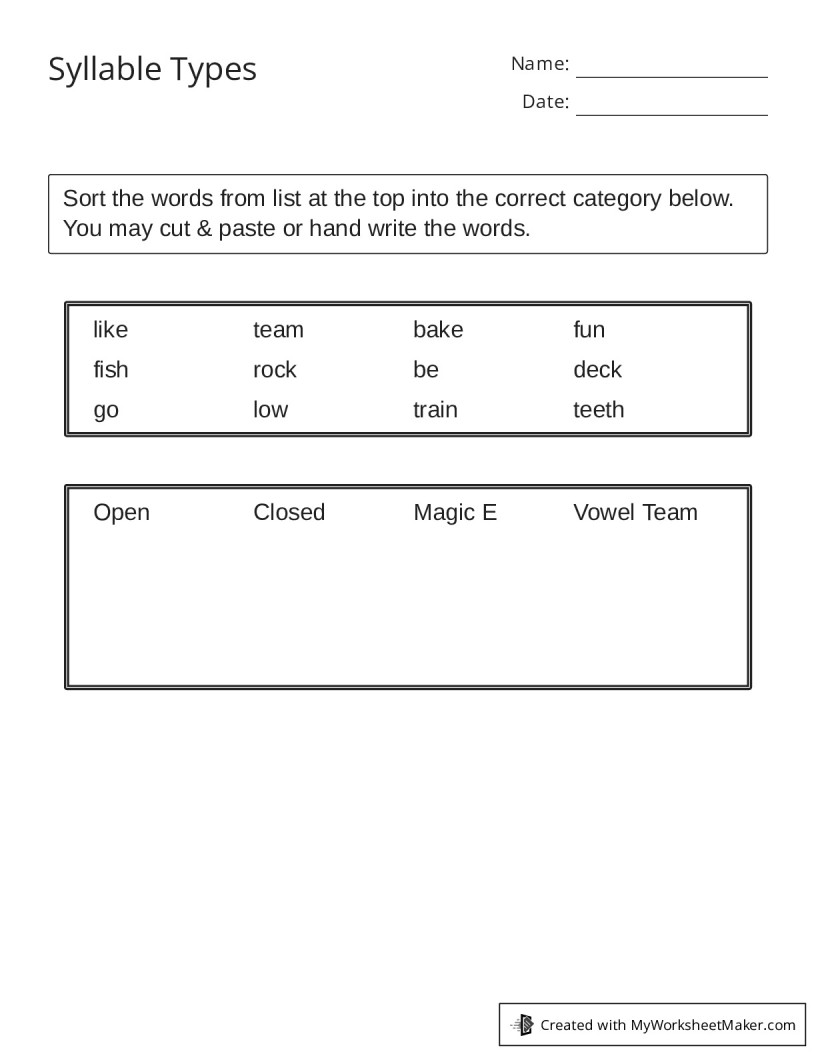Syllable Types - My Worksheet Maker: Create Your Own Worksheets