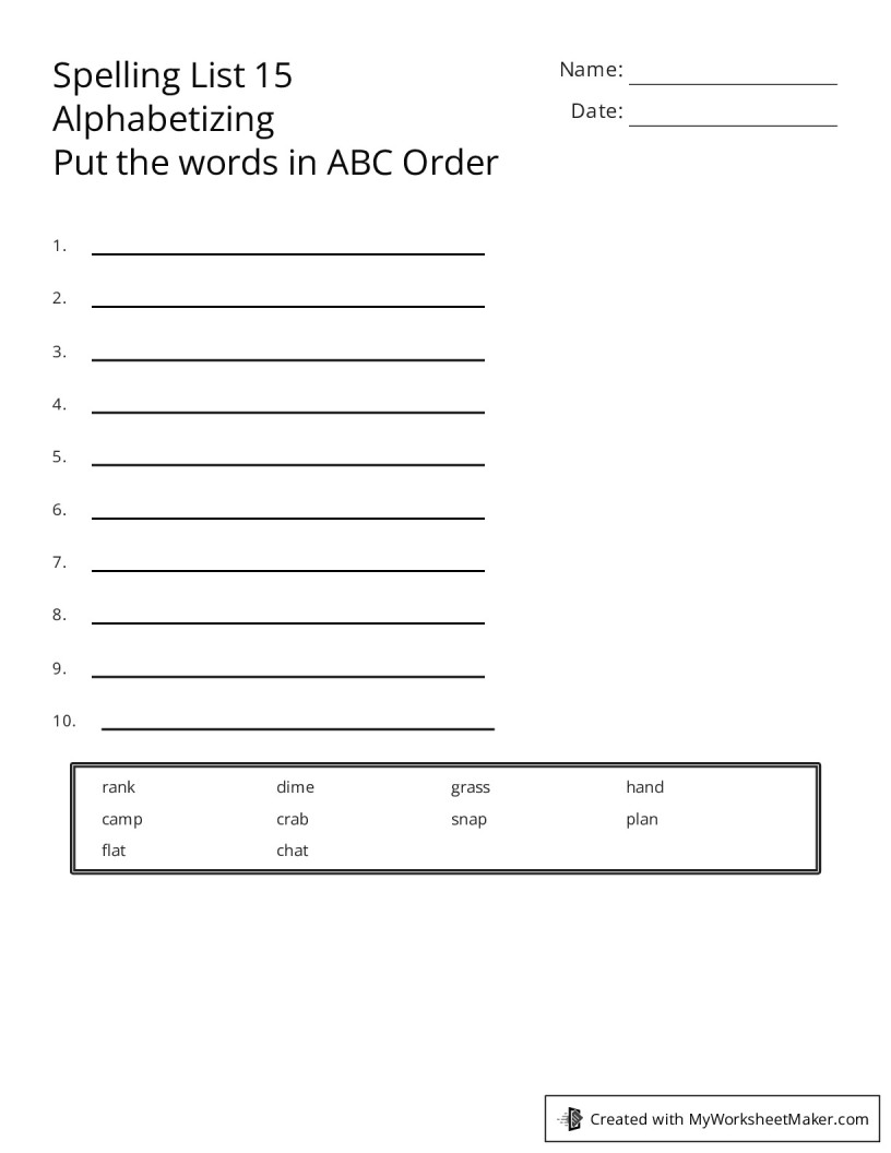 Spelling List 15 AlphabetizingPut the words in ABC Order - My Worksheet ...