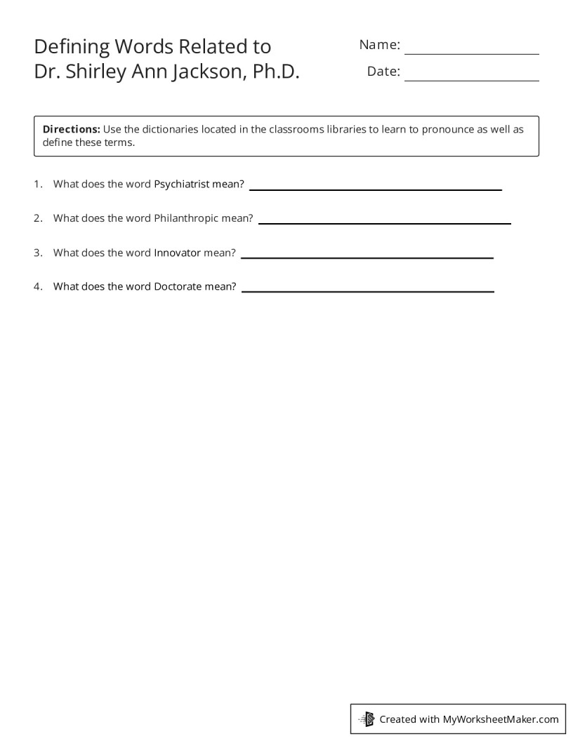 Defining Words Related to Dr. Shirley Ann Jackson, Ph.D. - My Worksheet ...