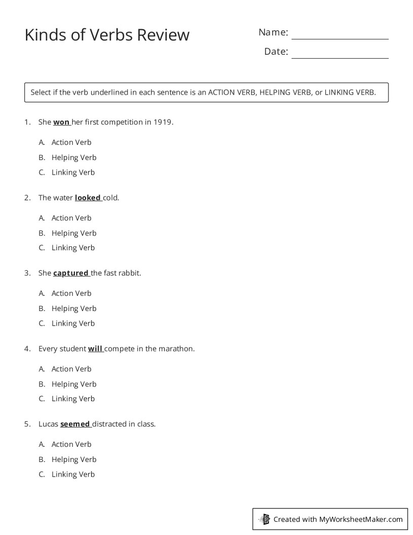 Kinds of Verbs Review - My Worksheet Maker: Create Your Own Worksheets