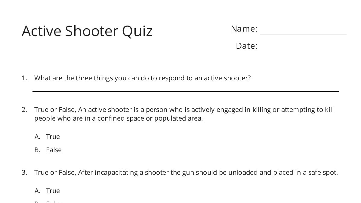 Active Shooter Quiz - My Worksheet Maker: Create Your Own Worksheets
