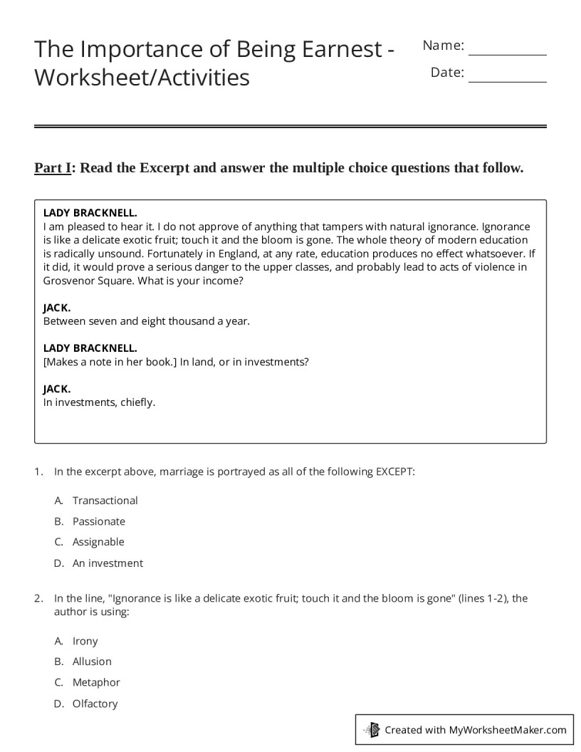 The Importance of Being Earnest - Worksheet/Activities - My Worksheet ...