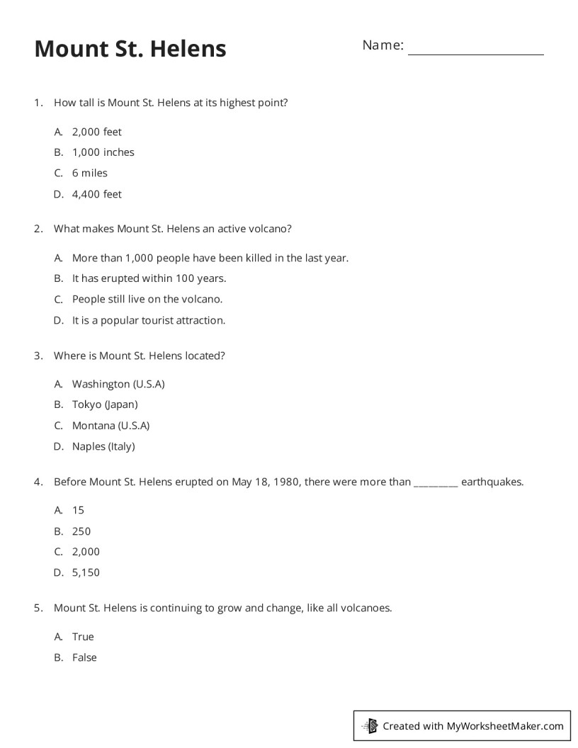 Mount St. Helens - My Worksheet Maker: Create Your Own Worksheets