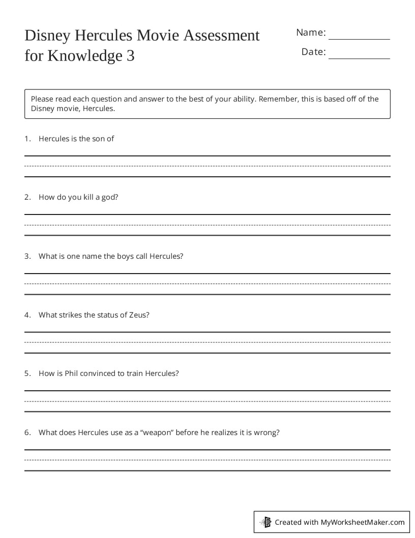 Disney Hercules Movie Assessment for Knowledge 3 - My Worksheet Maker ...