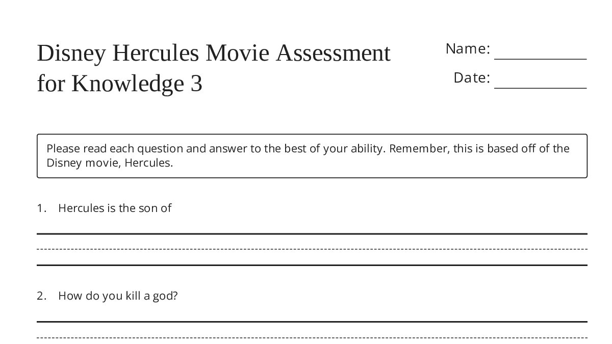 Disney Hercules Movie Assessment for Knowledge 3 - My Worksheet Maker ...