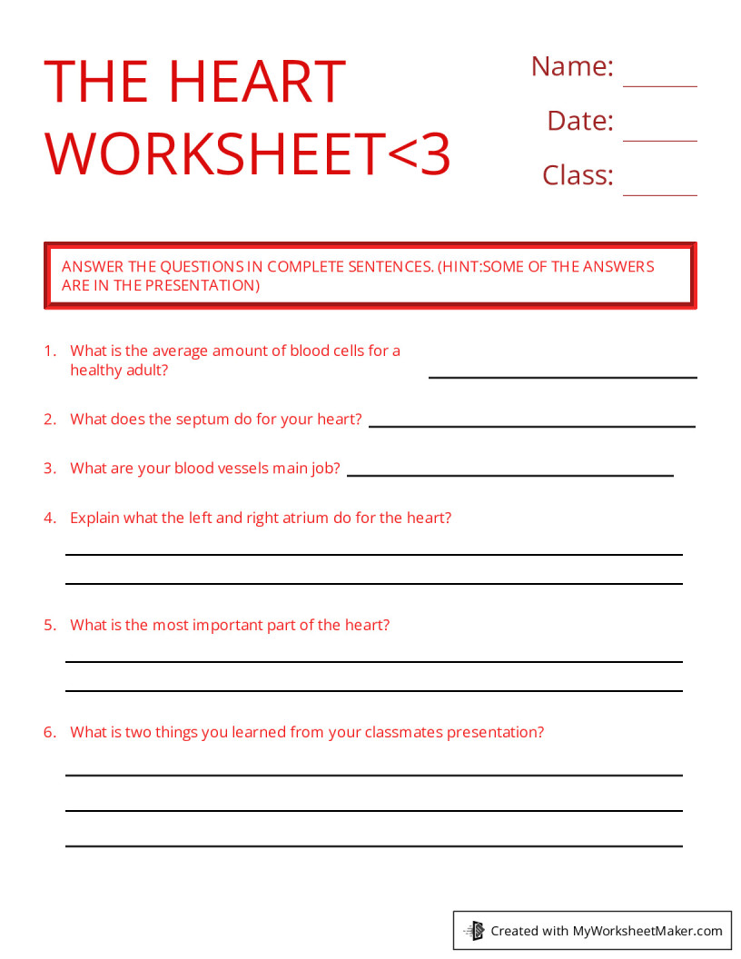 THE HEART WORKSHEET