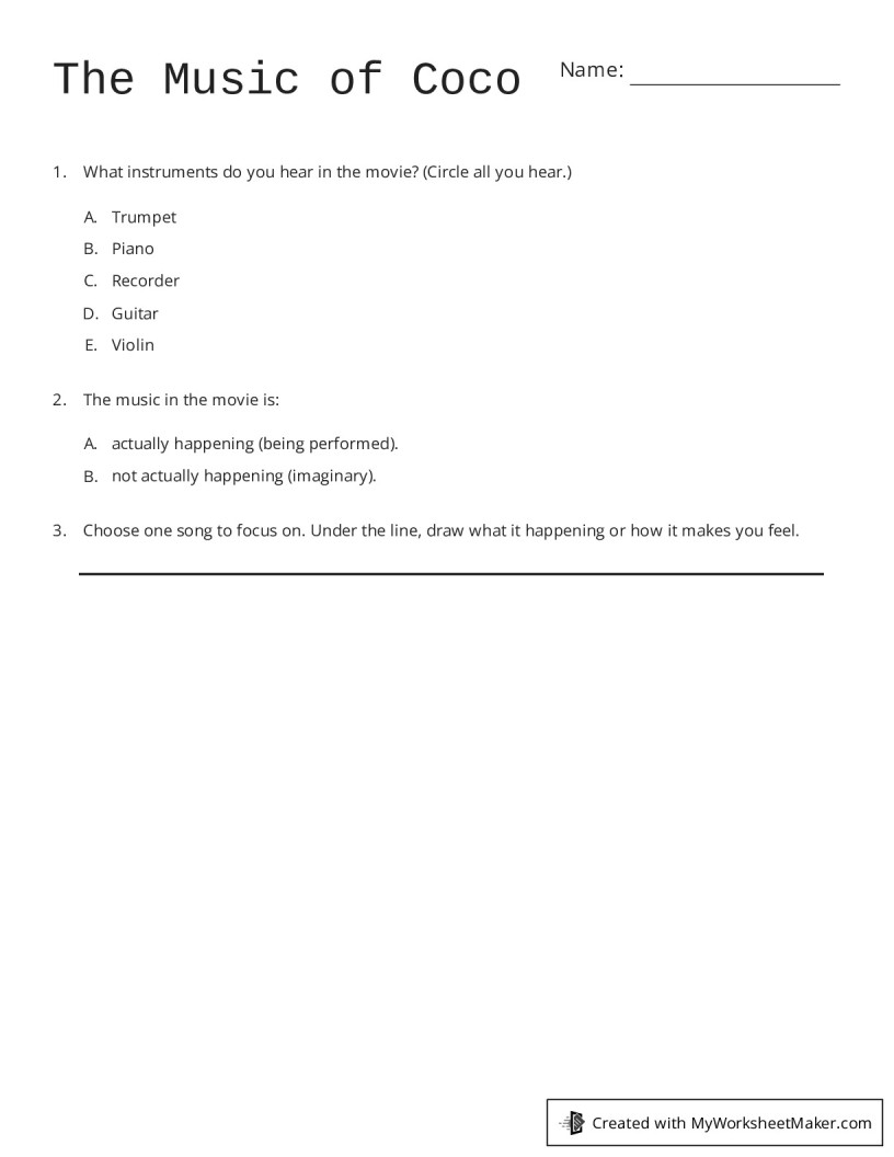 The Music of Coco - My Worksheet Maker: Create Your Own Worksheets