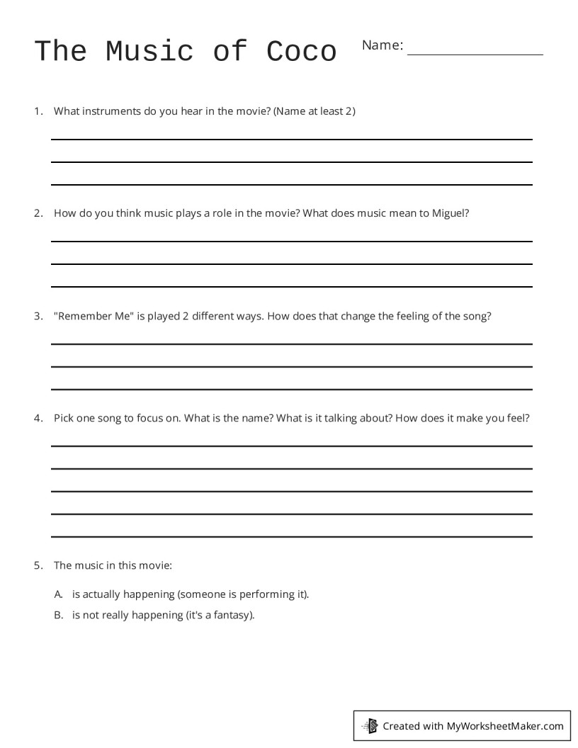 The Music of Coco - My Worksheet Maker: Create Your Own Worksheets
