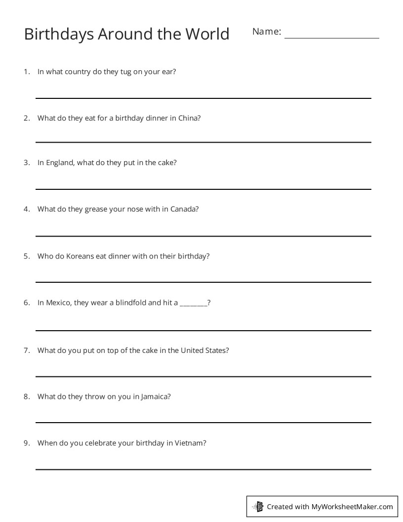 Birthdays Around the World - My Worksheet Maker: Create Your Own Worksheets