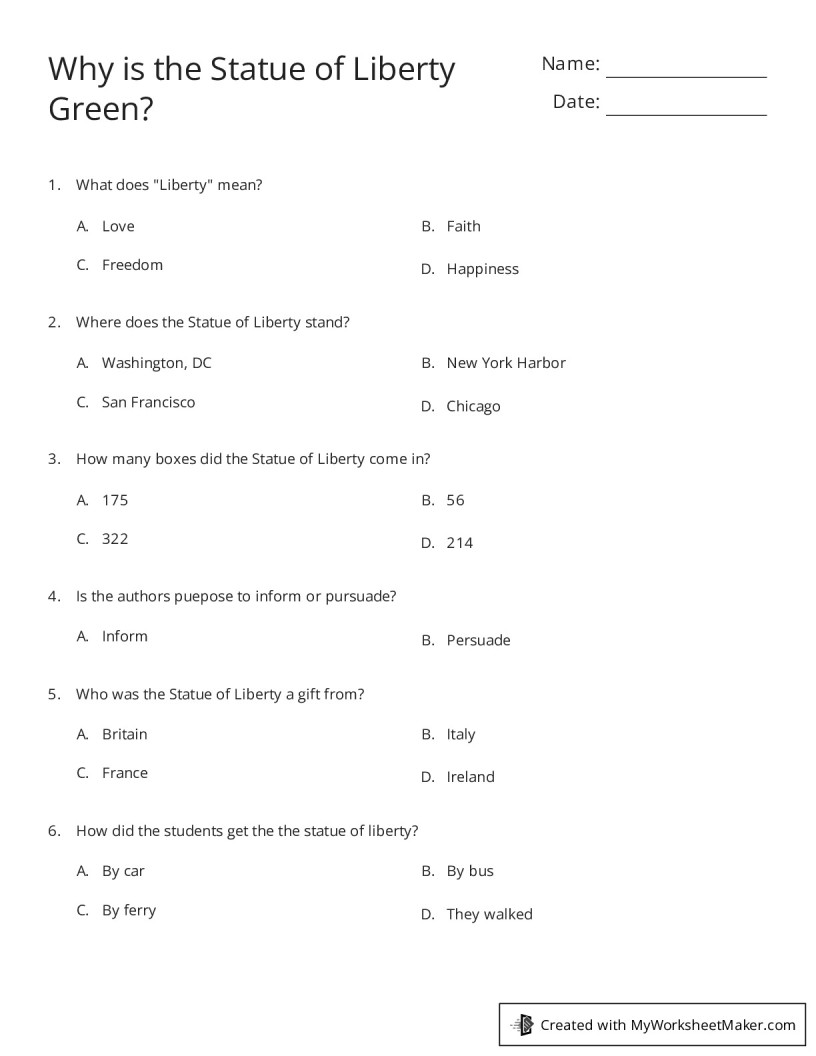 Why is the Statue of Liberty Green? - My Worksheet Maker: Create Your ...