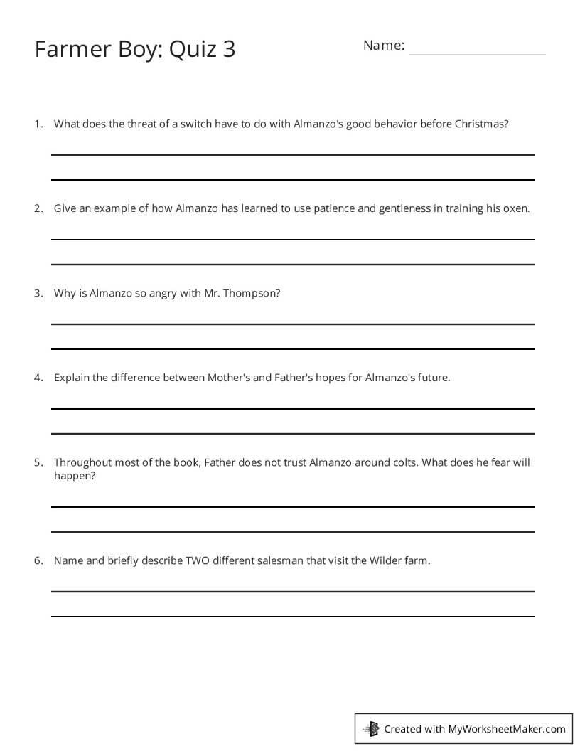 Farmer Boy: Quiz 3 - My Worksheet Maker: Create Your Own Worksheets