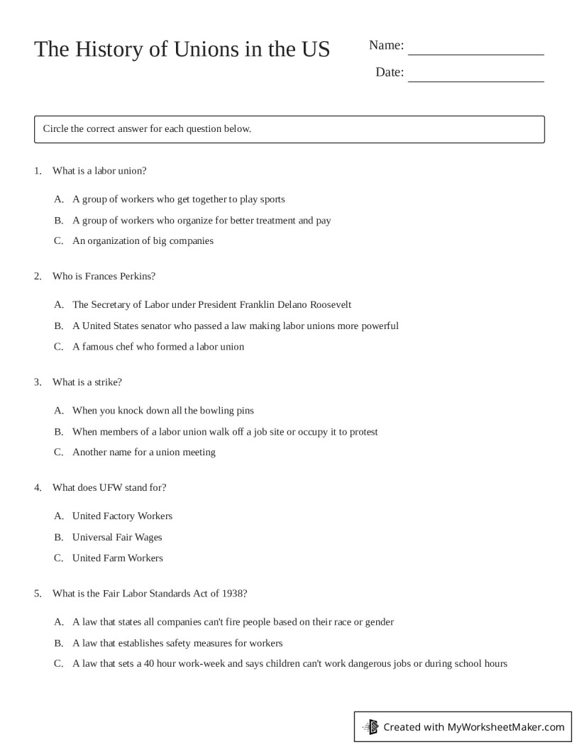 The History of Unions in the US - My Worksheet Maker: Create Your Own ...