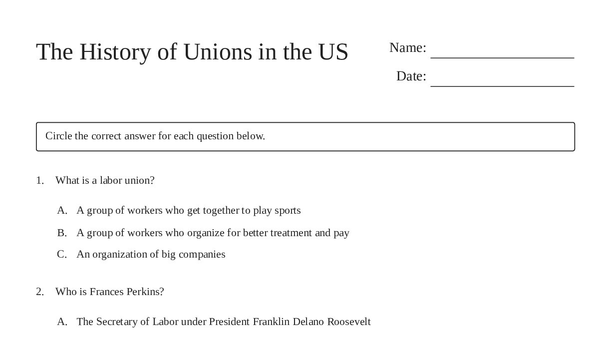 The History of Unions in the US - My Worksheet Maker: Create Your Own ...